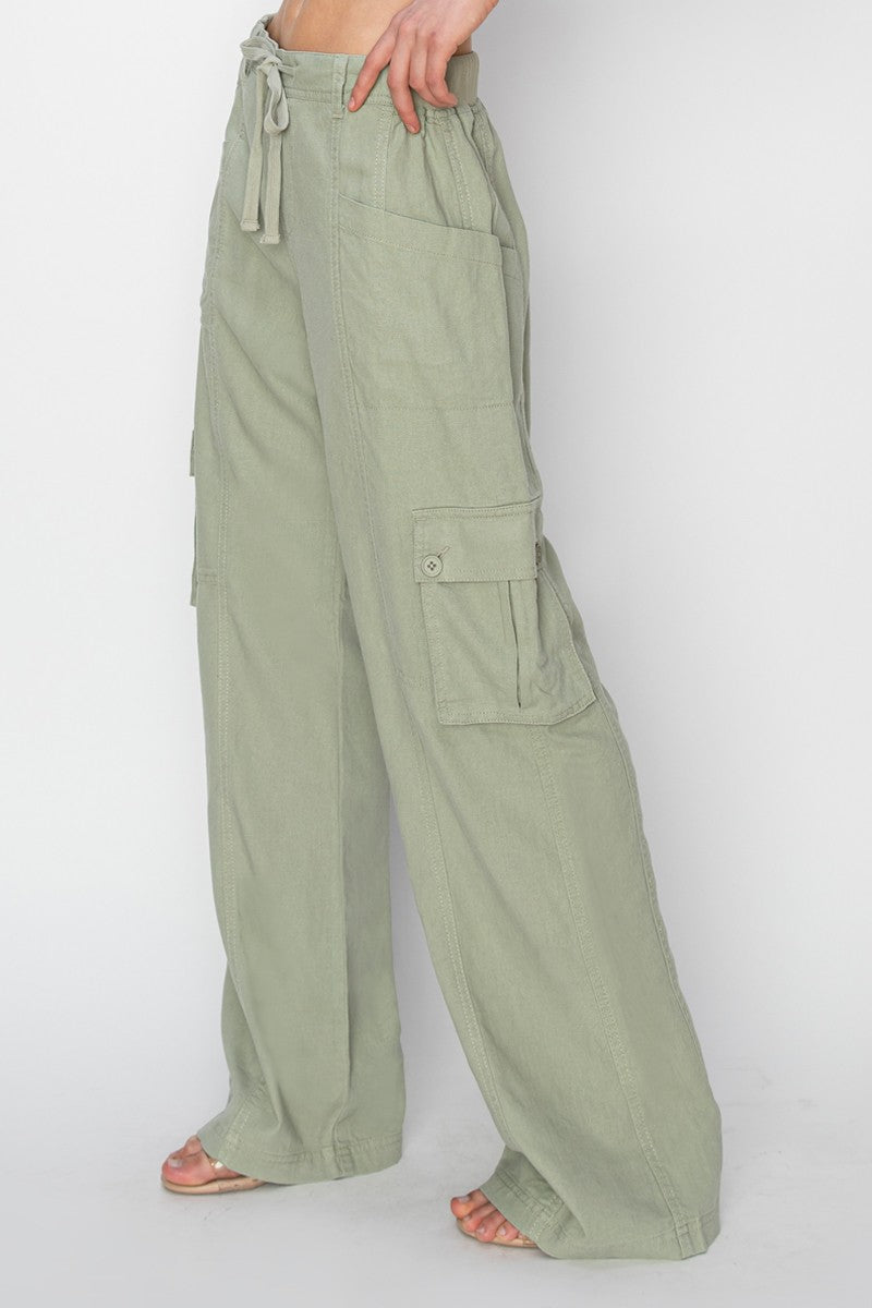 High rise tie wide cargo pant in sage – JanieLanie