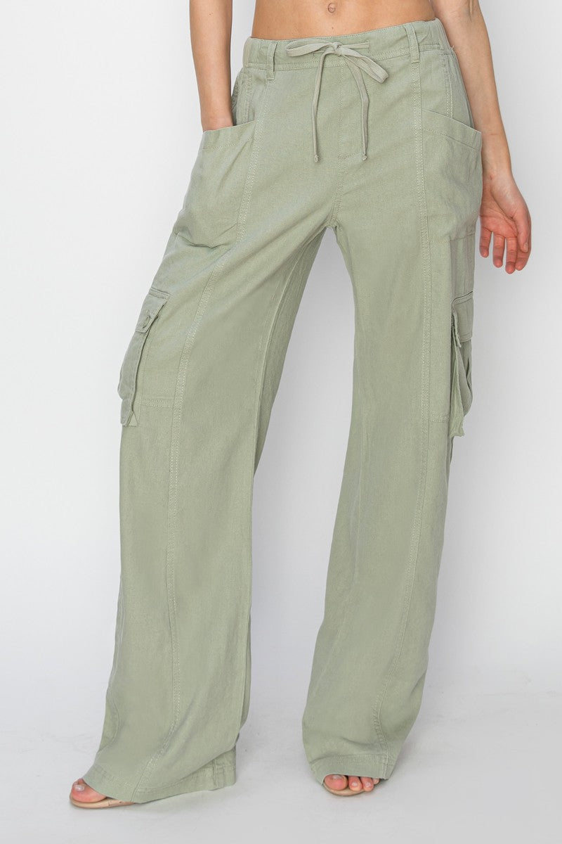 High rise tie wide cargo pant in sage – JanieLanie